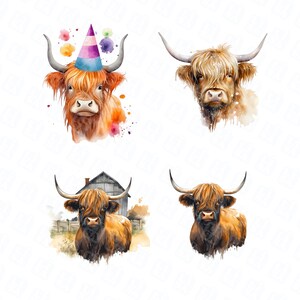 Watercolor Highland Cow Clipart - Cow With Hat, Flowers, Bow - Digital ...