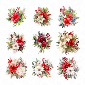 Watercolor Christmas Flowers Clipart - Christmas Bouquets - Card Making ...