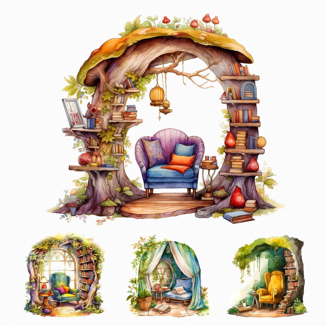 Watercolor Fantasy Reading Nook Png - Fairy Book Nook Clipart - Digital ...