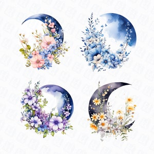 Watercolor Floral Moon PNG: Celestial Clipart, Moon With Flowers, Full ...