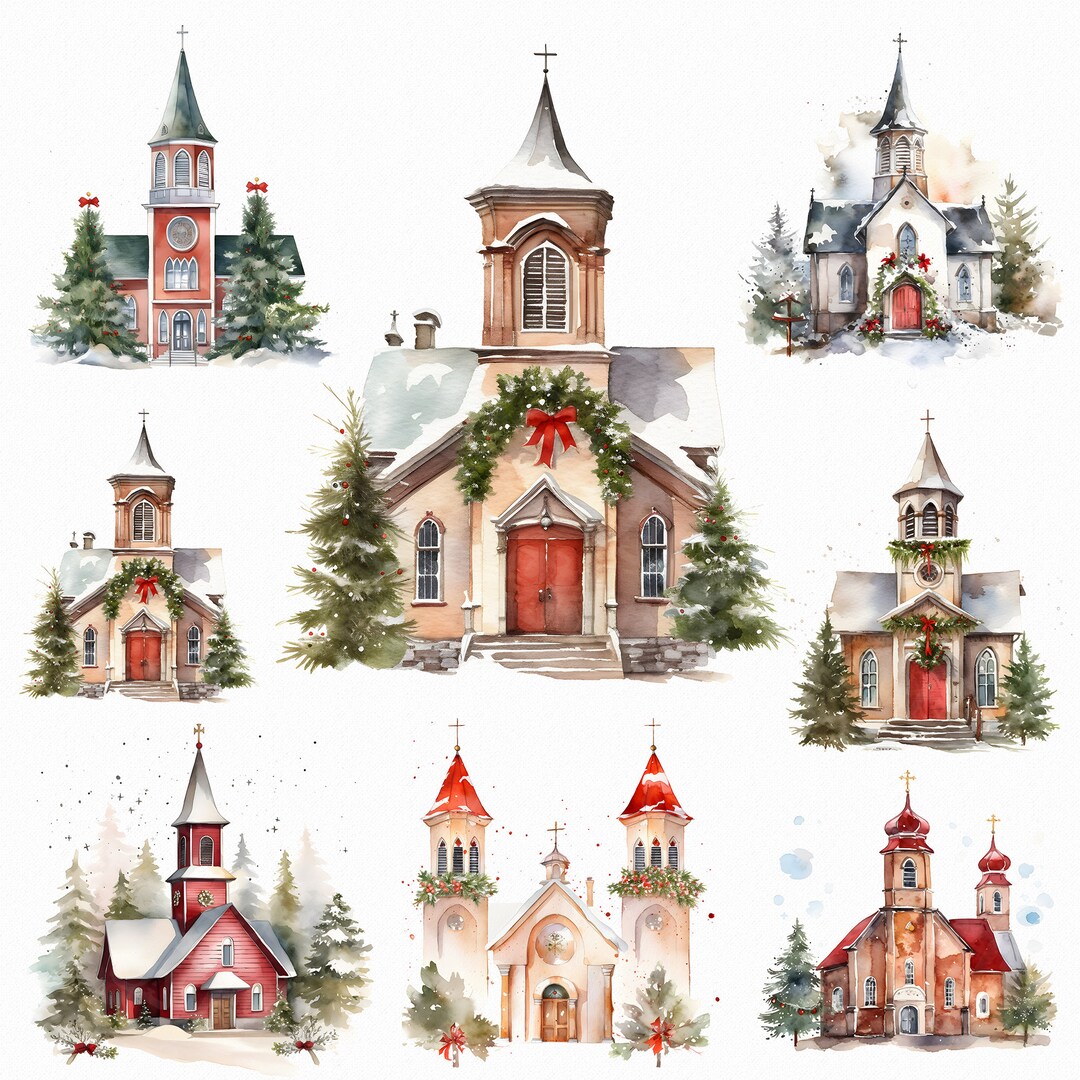 27 Watercolor Christmas Church Clipart - Winter Church Digital Download ...
