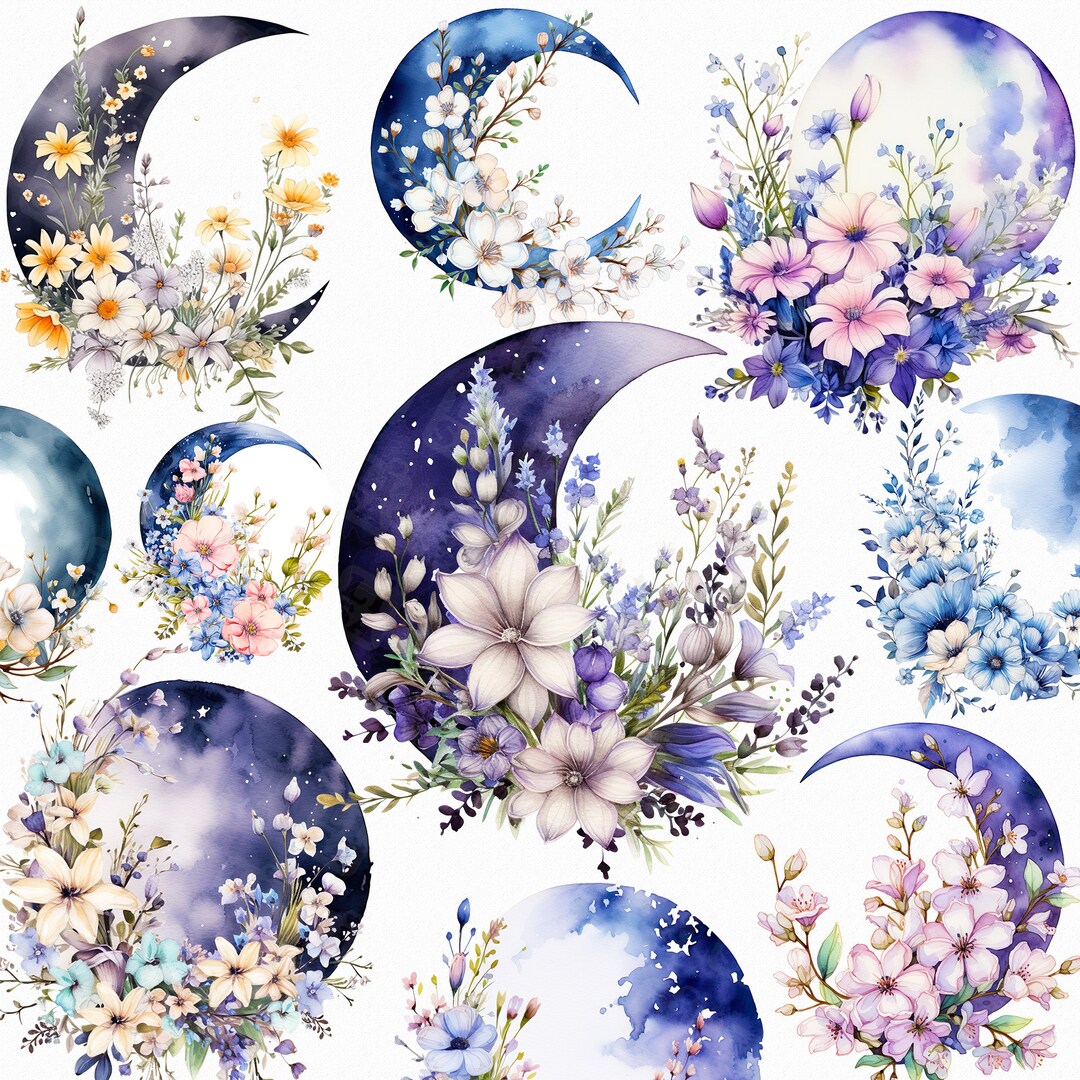 Watercolor Floral Moon PNG: Celestial Clipart, Moon With Flowers, Full ...