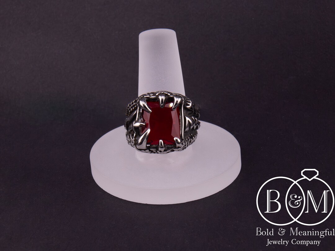 Talon-clutched Red Jewel Ring, Stainless Steel Biker Red Jewel ...