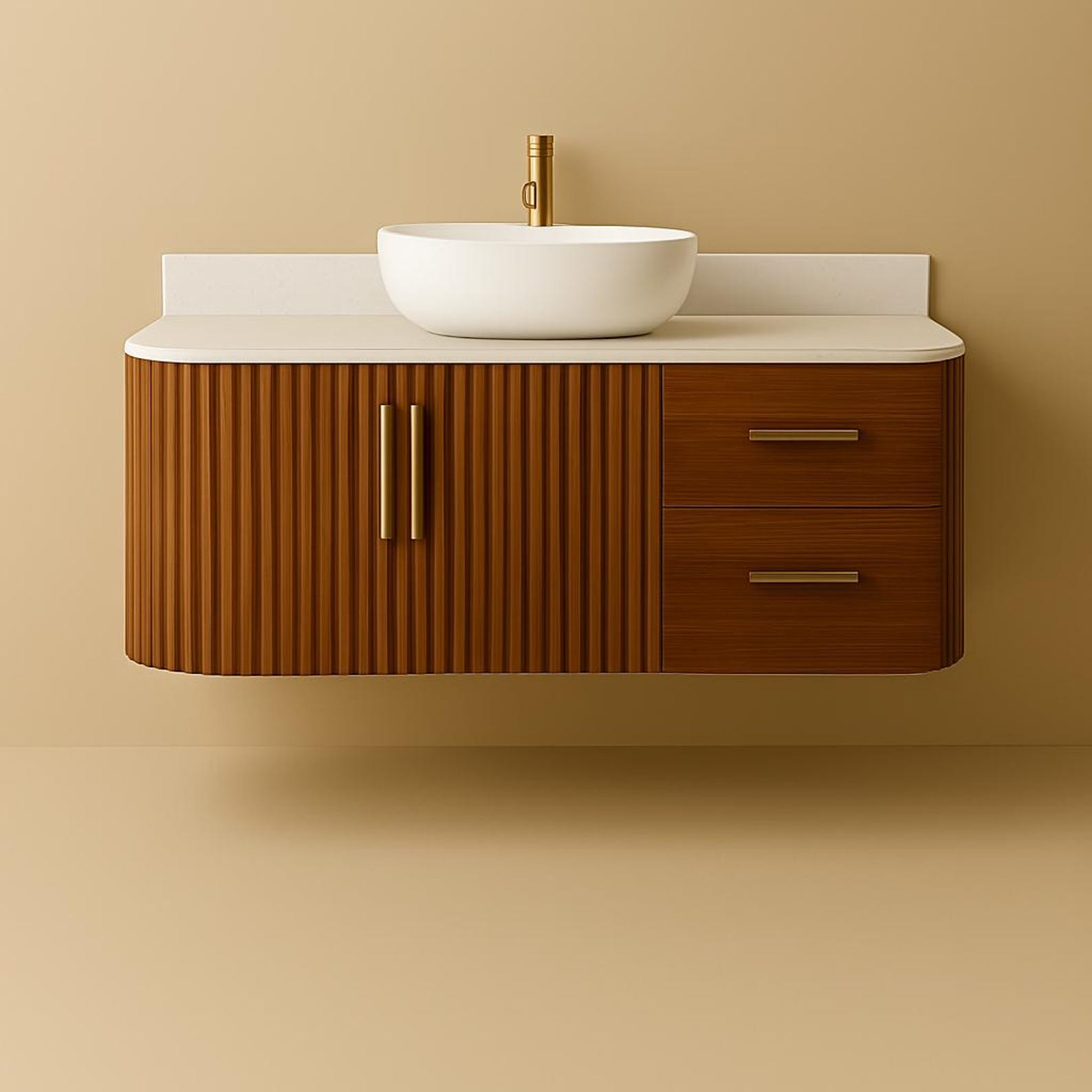 48” Floating Walnut Vanity With Curved Reeded Front, Light Countertop ...