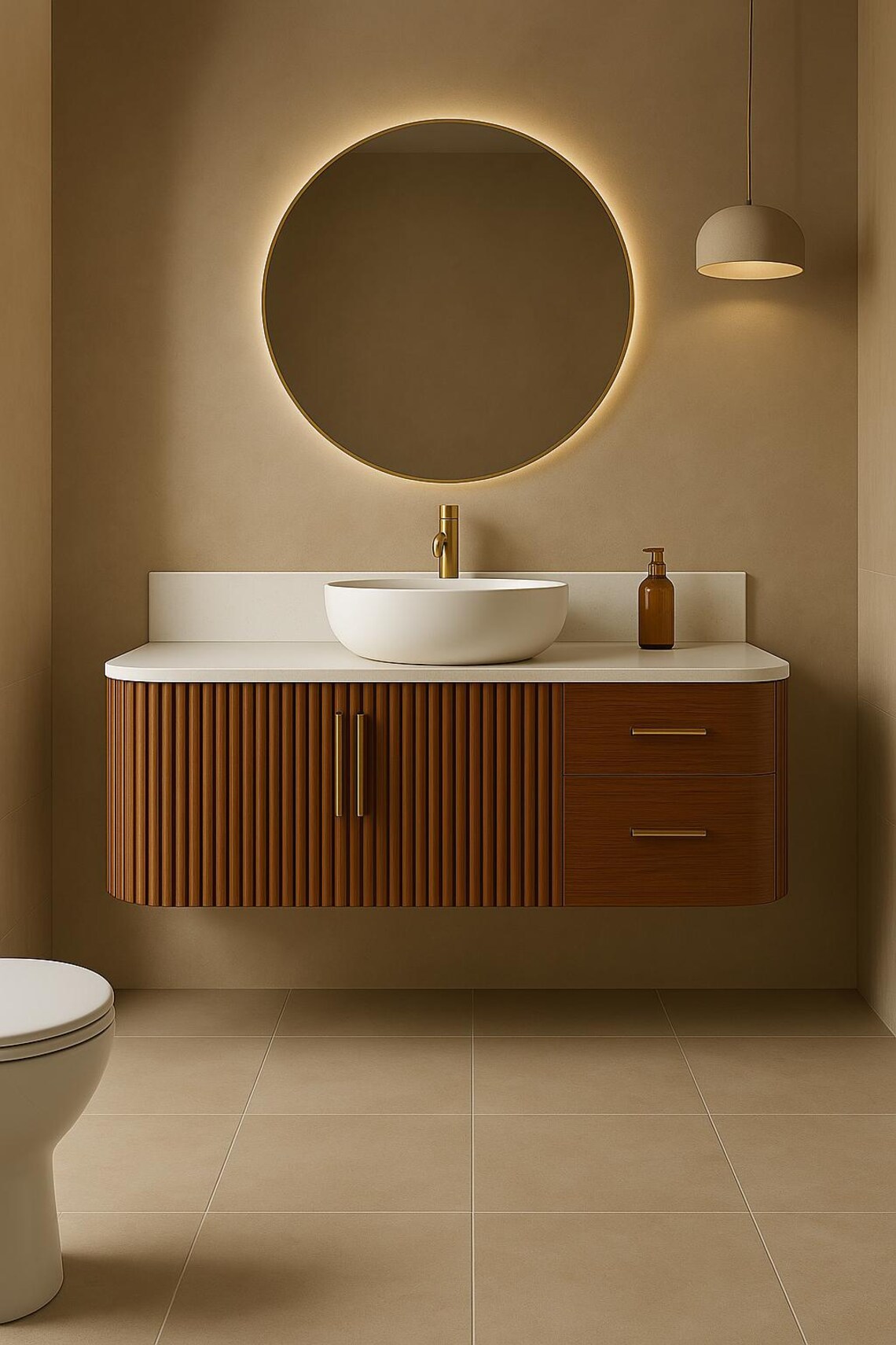 48” Floating Walnut Vanity With Curved Reeded Front, Light Countertop ...