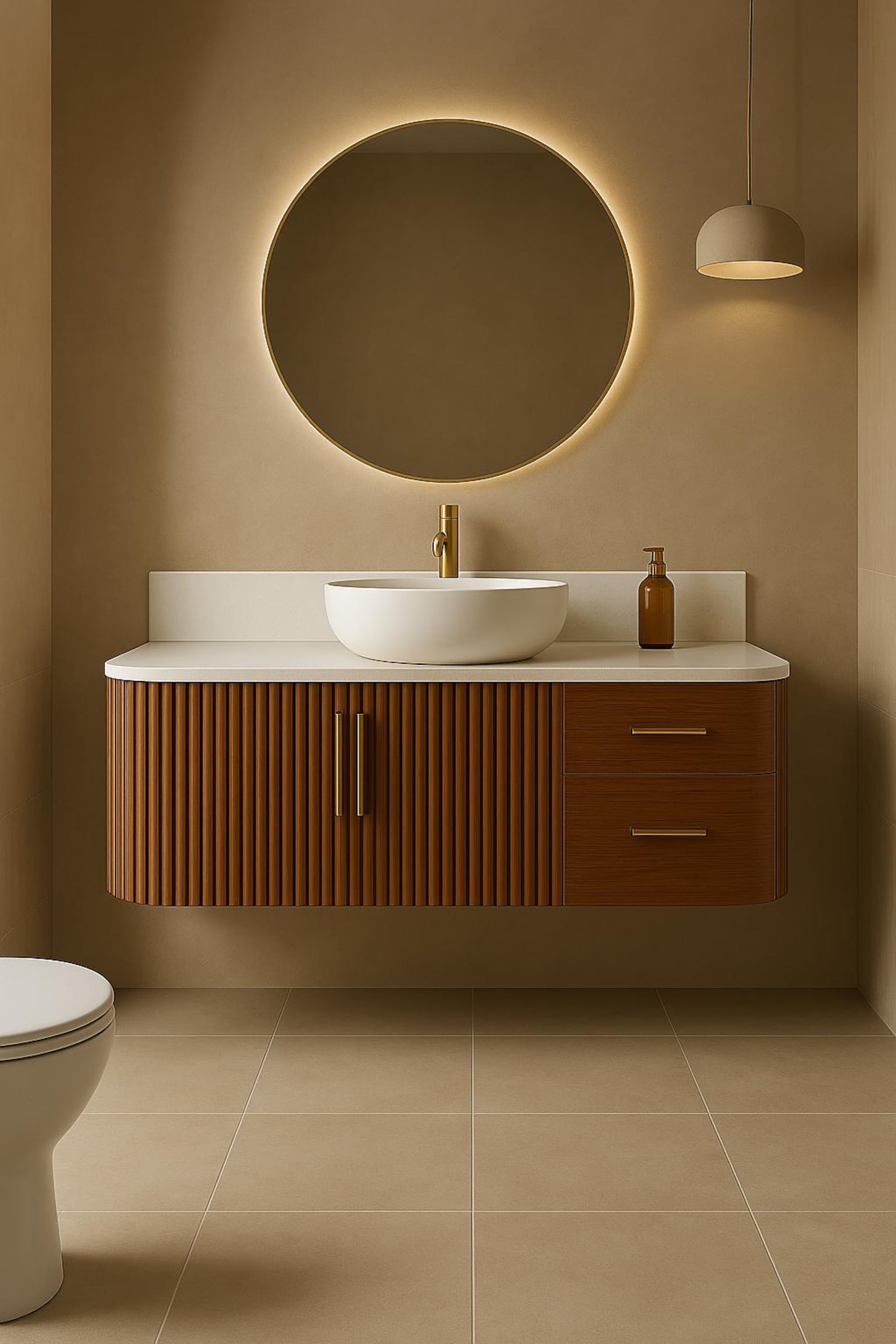 48” Floating Walnut Vanity With Curved Reeded Front, Light Countertop ...