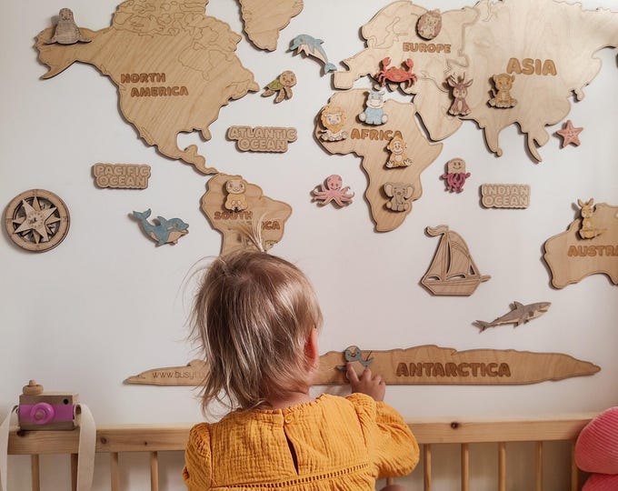 Handcrafted Wooden World Map Shelf, Continent Wall Shelves Decoration ...