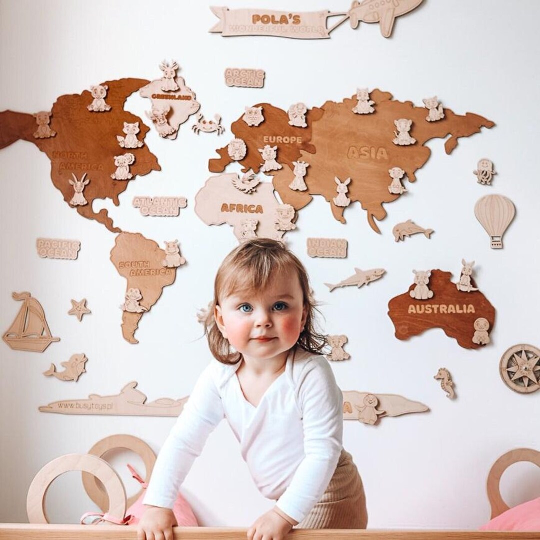 Playroom Kids World Map Animal Wall Safari Theme Nursery Decor ...
