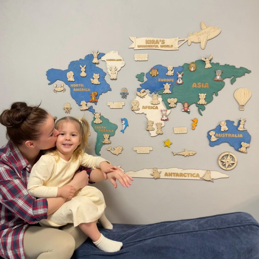 Animal World Map Kids Wooden Nursery Wall Interactive Geography Map ...