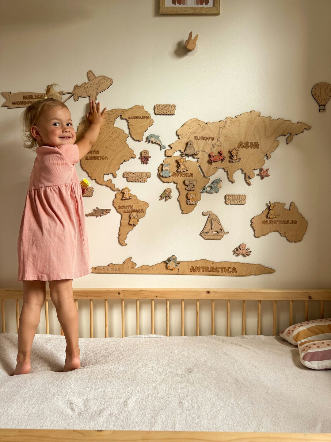 Wooden Kids World Map Playroom Educational Wall Art, Safari Nursery ...