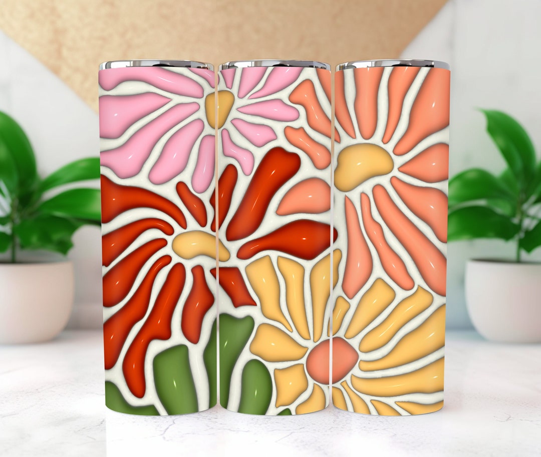 3D Inflated Puff Tumbler Wrap, Retro Flowers, 20 Oz Skinny Straight ...