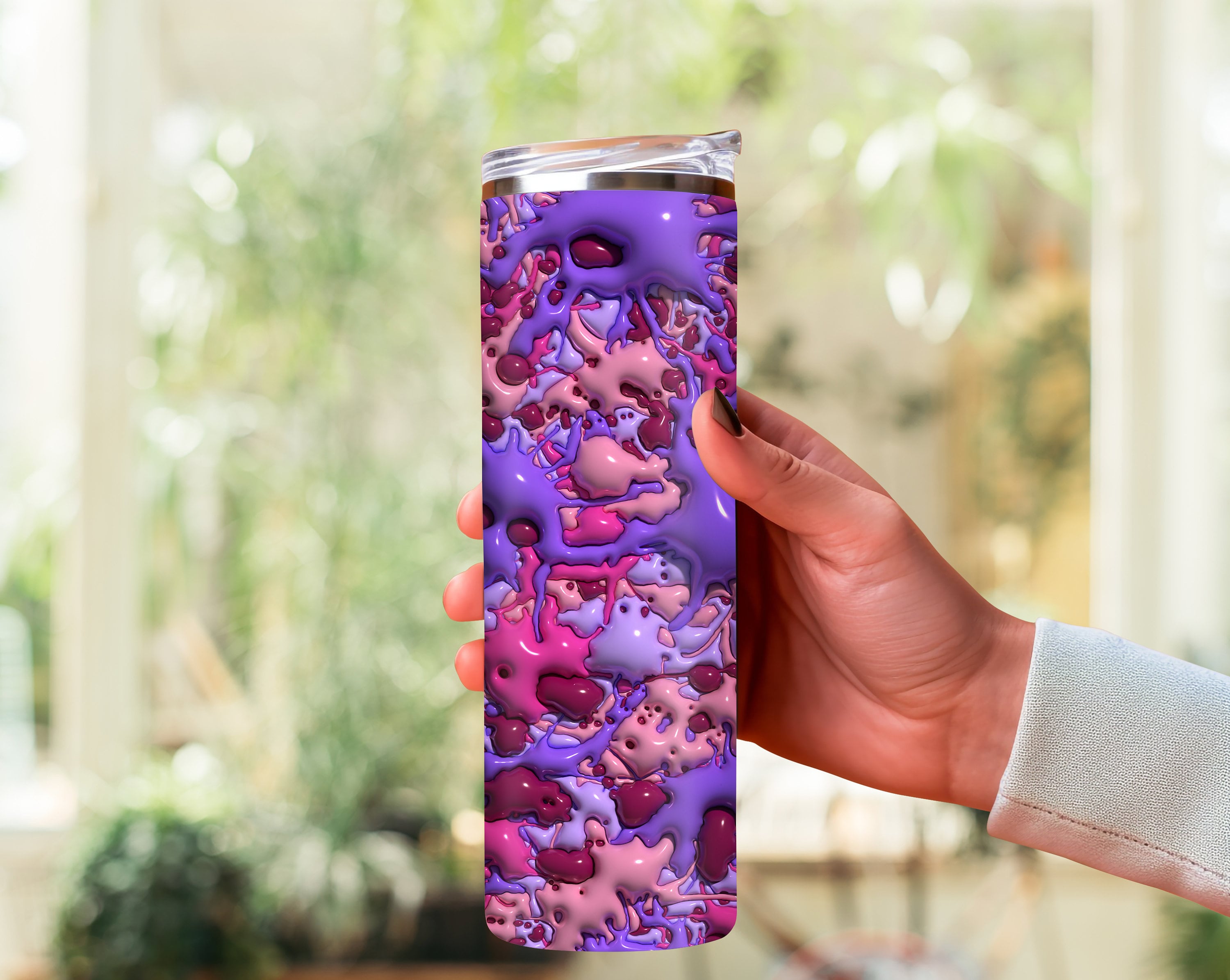 3D Inflated Puff Tumbler Wrap, Seamless Pattern, Splatter Pink Camo 20 ...