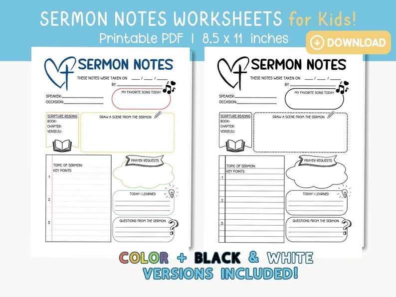 Kids Sermon Notes Printable PDF Worksheet, Instant Download, Bible ...