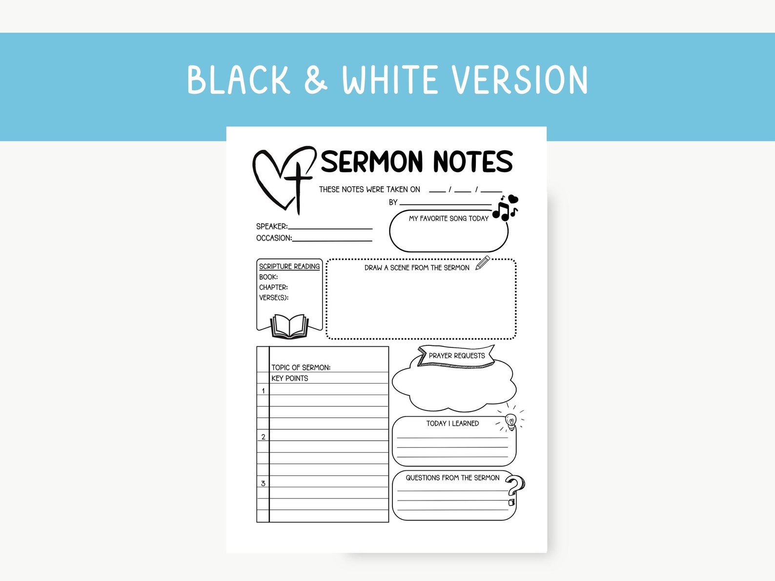 Kids Sermon Notes Printable PDF Worksheet, Instant Download, Bible ...