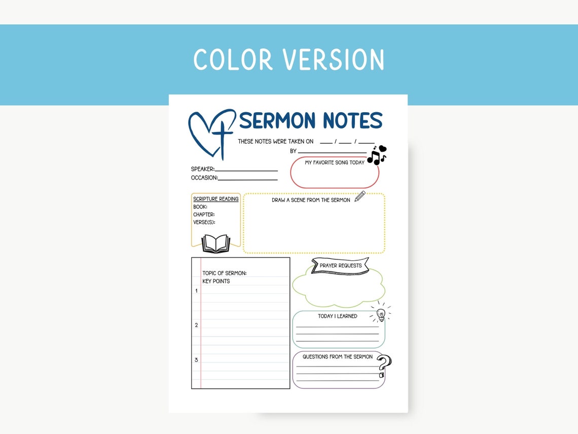 Kids Sermon Notes Printable PDF Worksheet, Instant Download, Bible ...