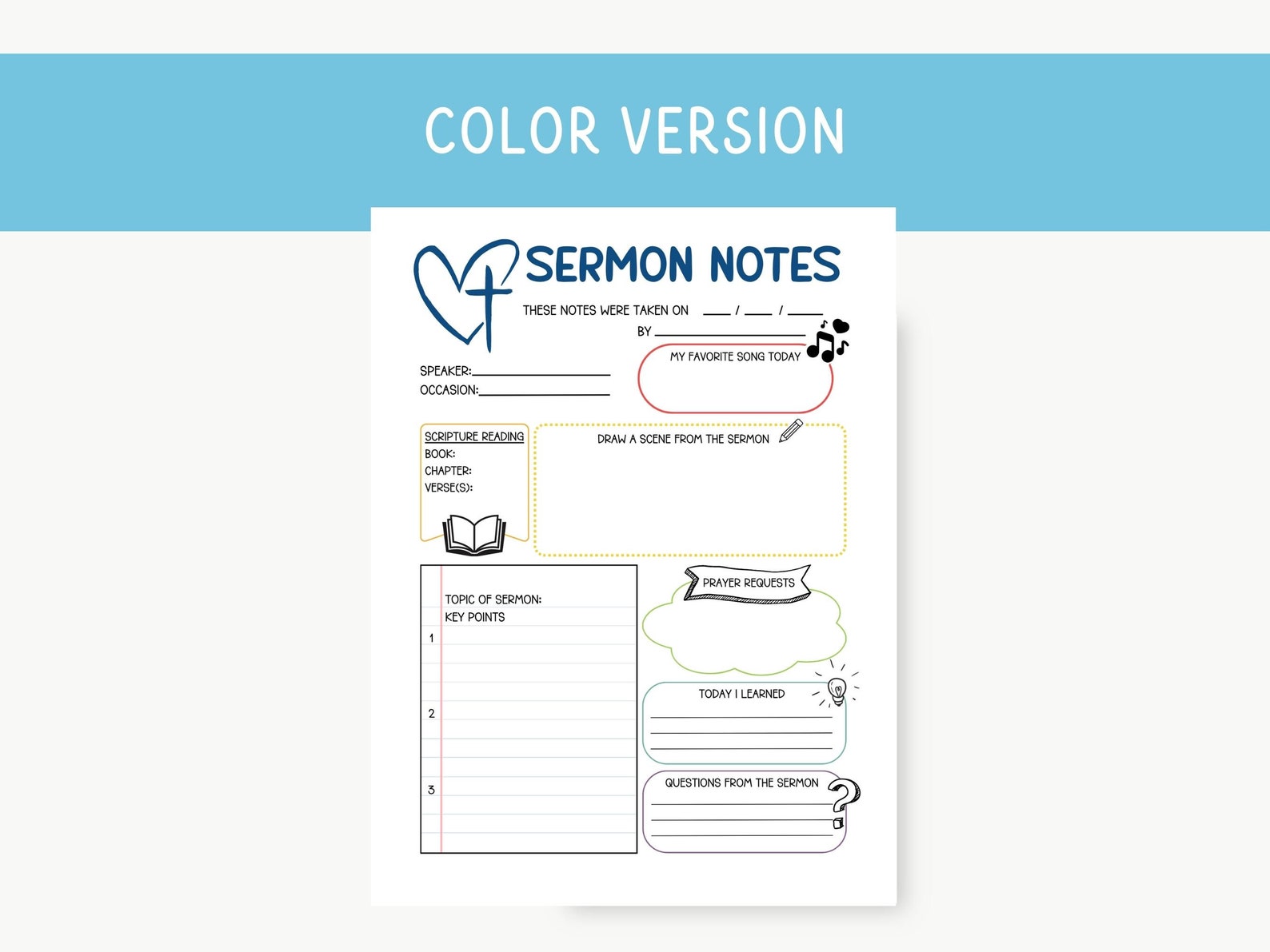Kids Sermon Notes Printable PDF Worksheet, Instant Download, Bible ...