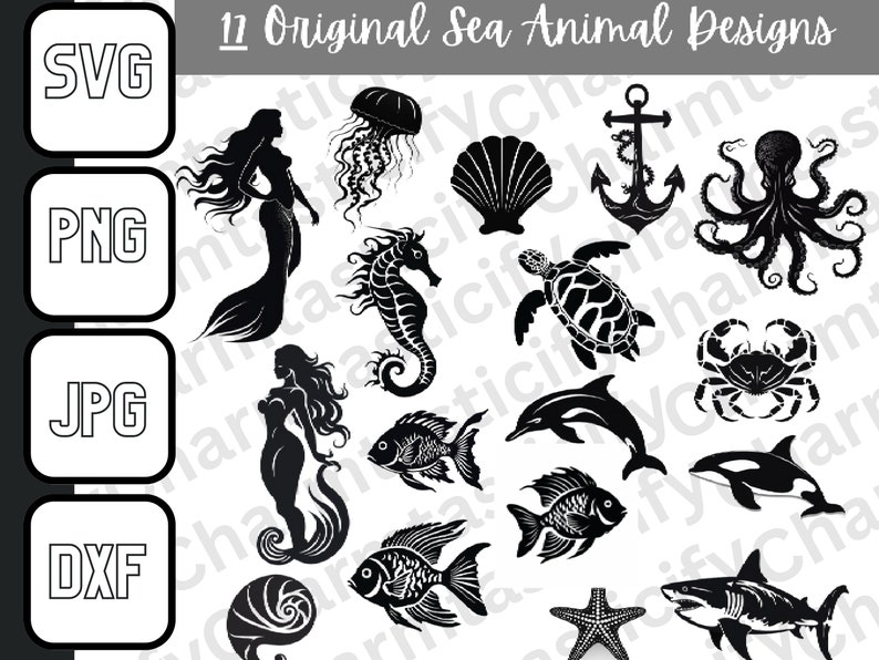 Sea Animal Bundle Svg, Png, Jpg, Dxf, Mermaid Svg, Octopus Svg, Shark ...