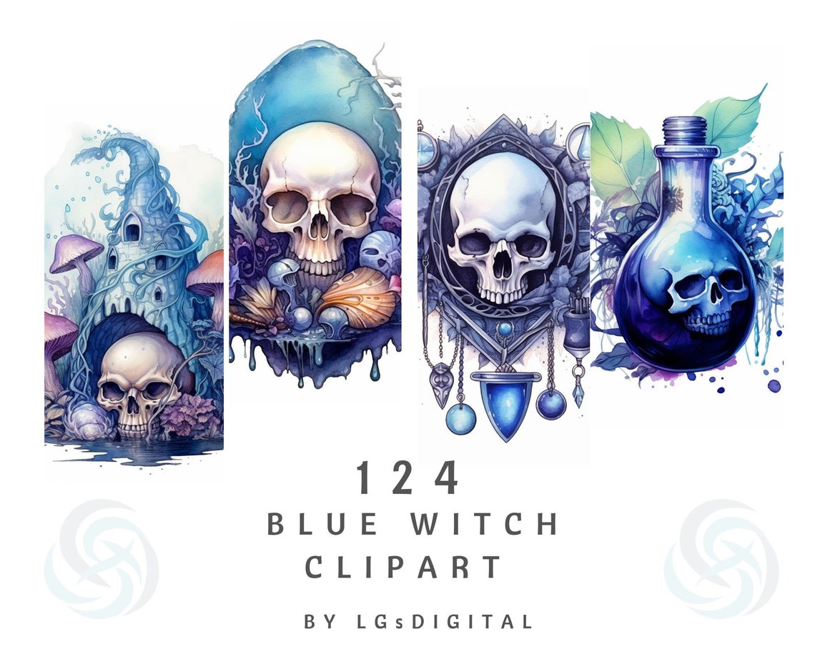 124 Blue Witch Clipart Blue Fantasy Clipart Watercolor Clipart Digital ...