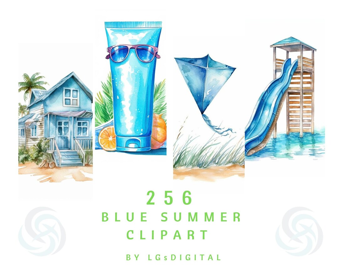 256 Blue Summer Clipart | Blue Beach Clipart | Watercolor Clipart ...
