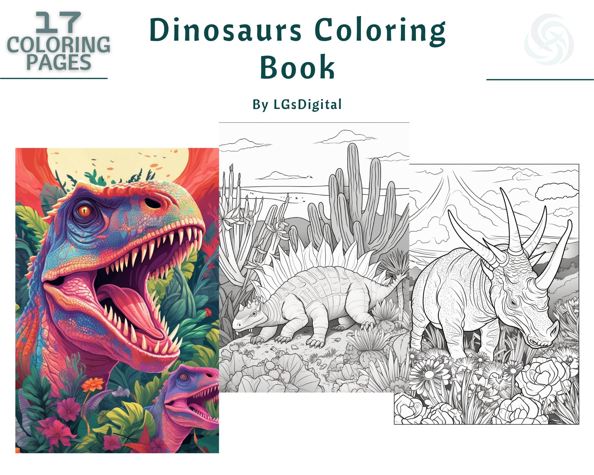 17 Awesome Dinosaur Coloring Pages Printable Volume 1 Instant Digital ...