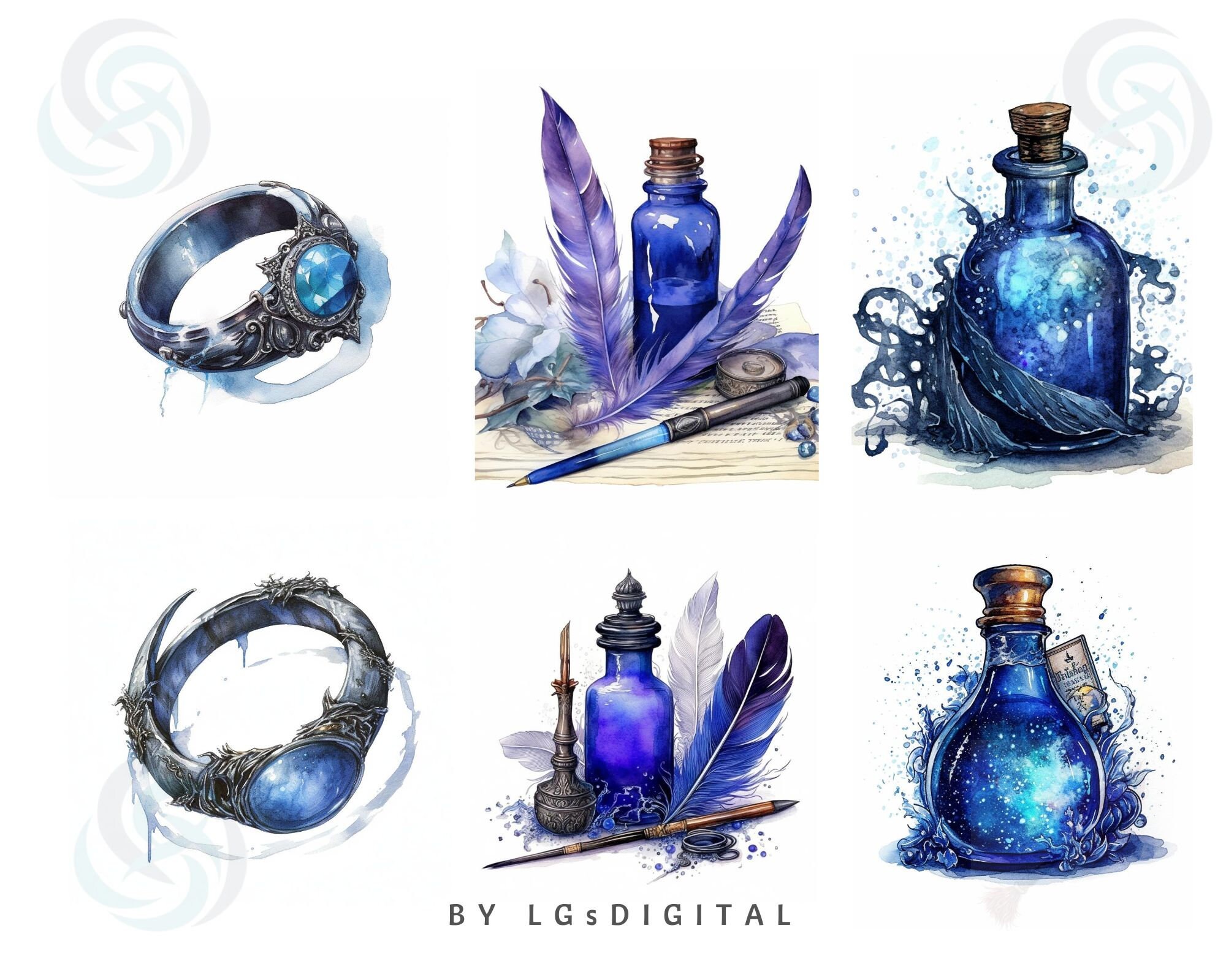 124 Blue Witch Clipart | Blue Fantasy Clipart | Watercolor Clipart ...