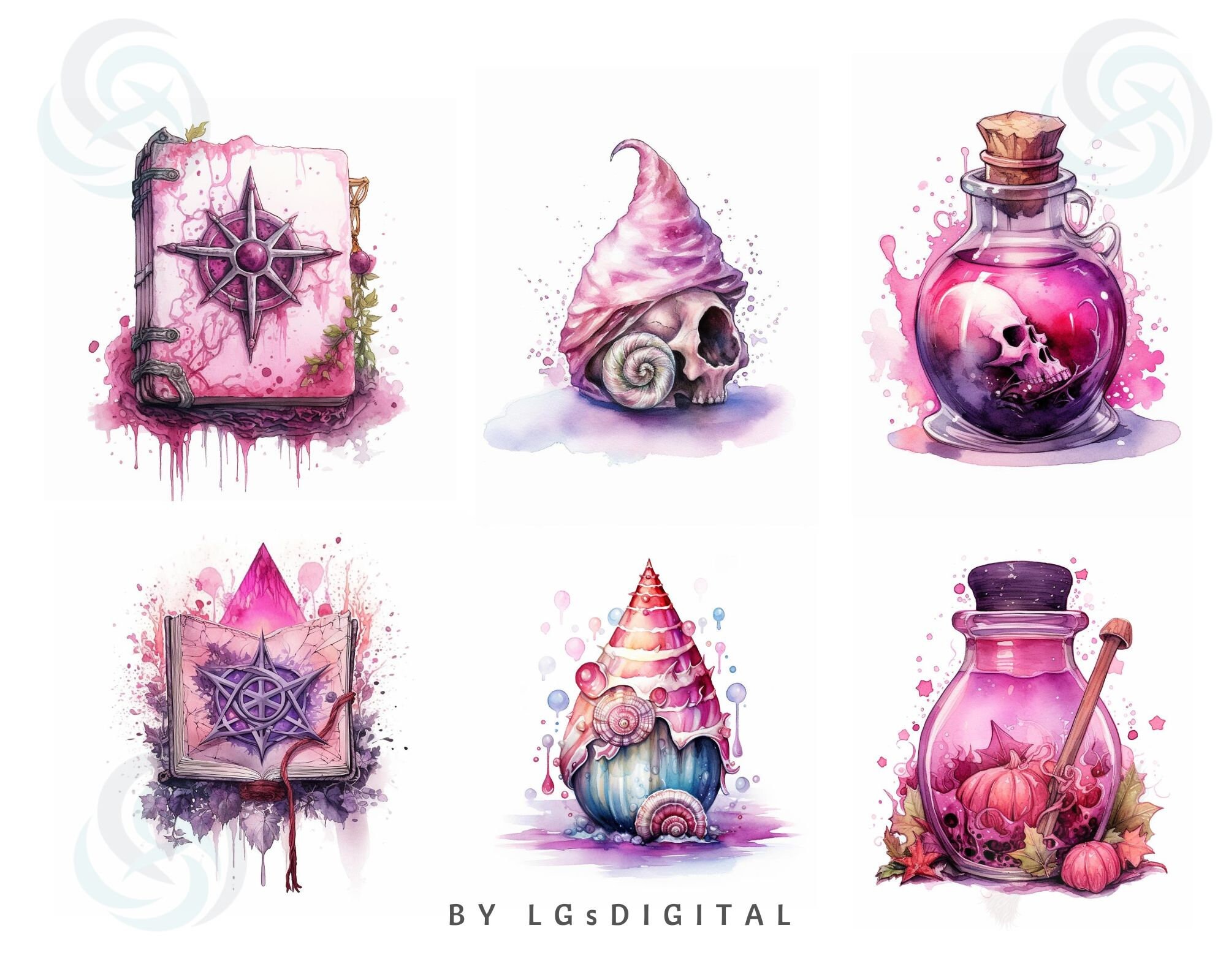 116 Pink Witch Clipart | Pink Fantasy Clipart | Watercolor Clipart ...