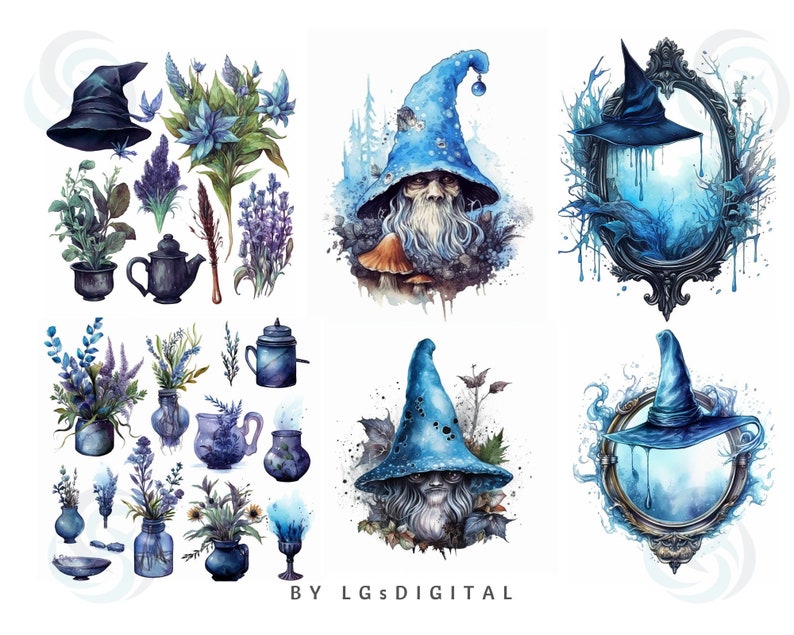 124 Blue Witch Clipart Blue Fantasy Clipart Watercolor Clipart Digital ...