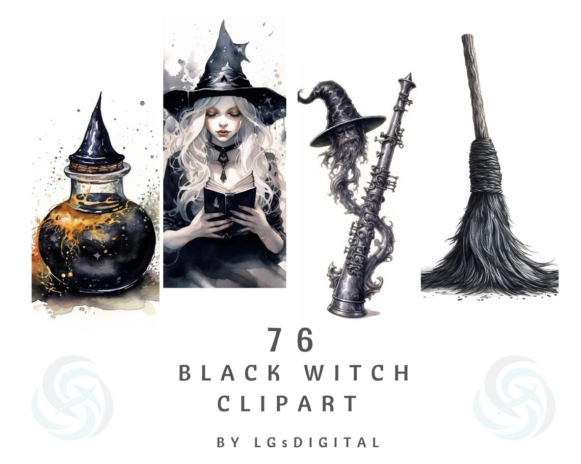 76 Black Witch Clipart Black Fantasy Clipart Watercolor Clipart Digital ...