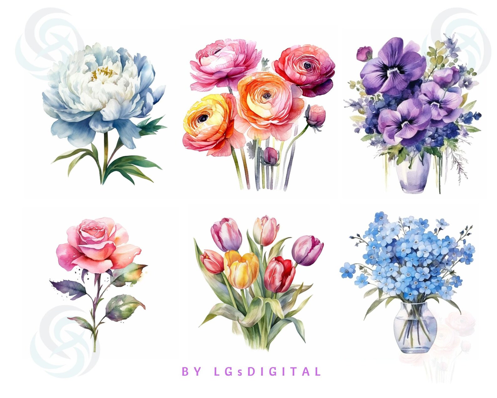 724 Flower Clipart Bundle 45 Flower Types Clipart Watercolor Clipart ...