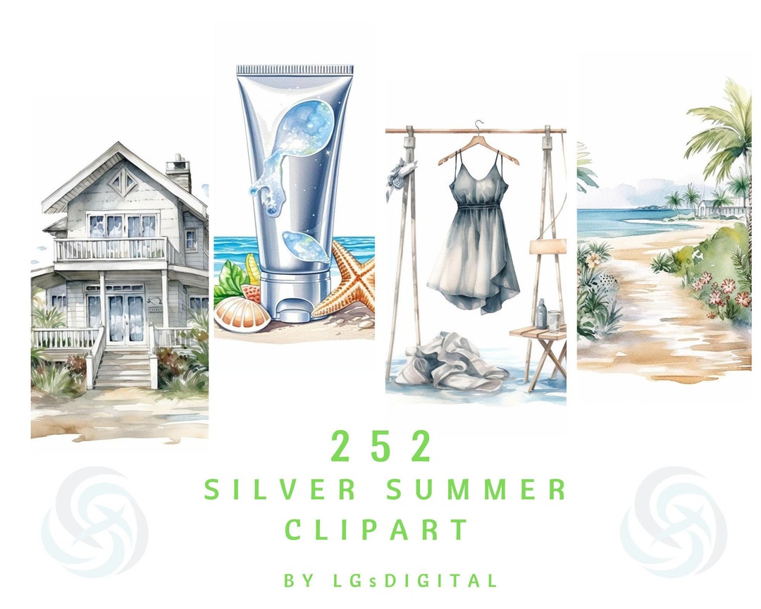 252 Silver Summer Clipart | Silver Beach Clipart | Watercolor Clipart ...