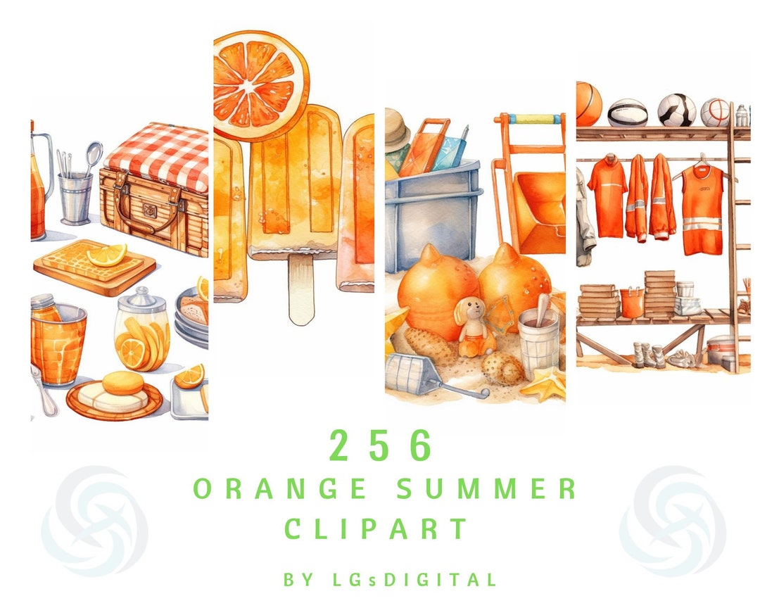 256 Orange Summer Clipart | Orange Beach Clipart | Watercolor Clipart ...