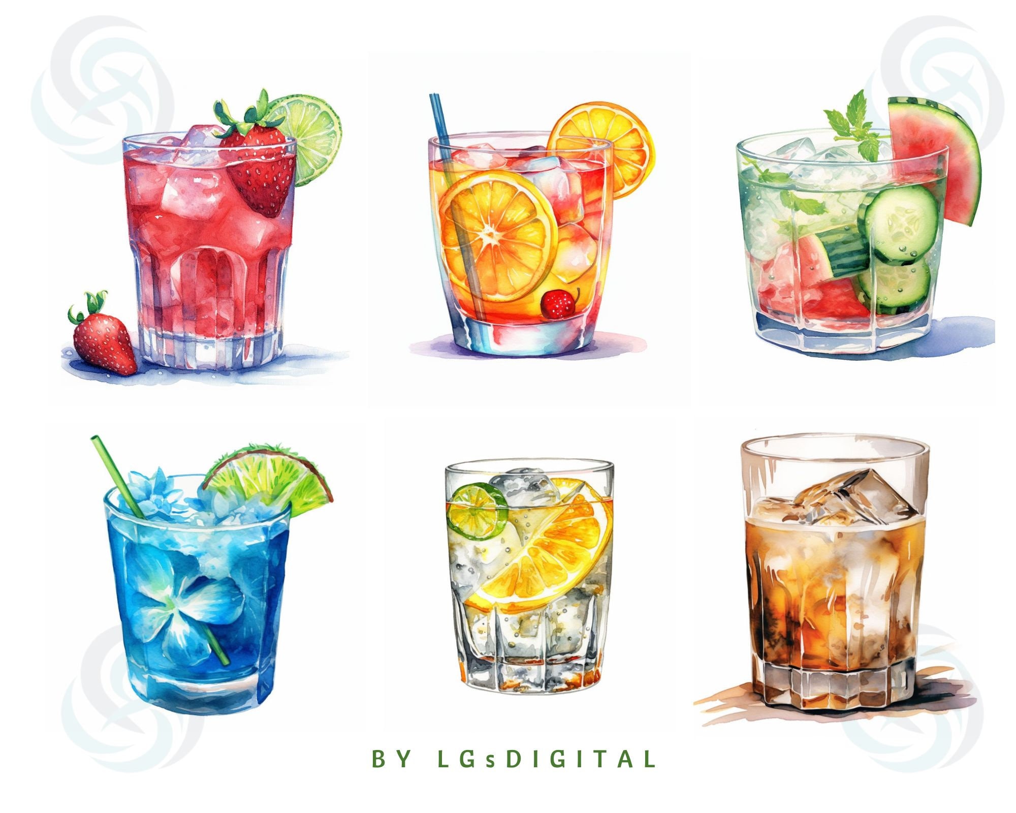 168 Rocks Glass Coctail Clipart Rocks Glass Summer Clipart Watercolor ...