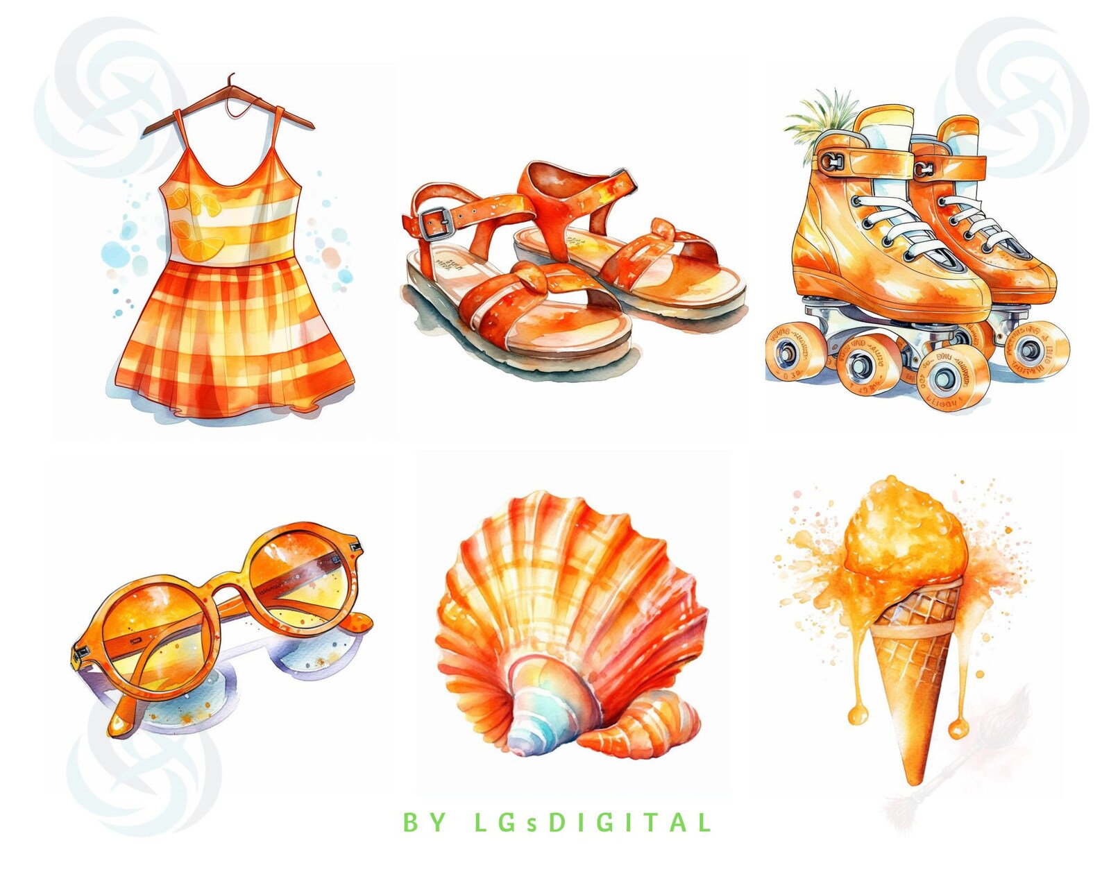 256 Orange Summer Clipart | Orange Beach Clipart | Watercolor Clipart ...