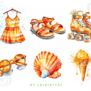 256 Orange Summer Clipart | Orange Beach Clipart | Watercolor Clipart ...