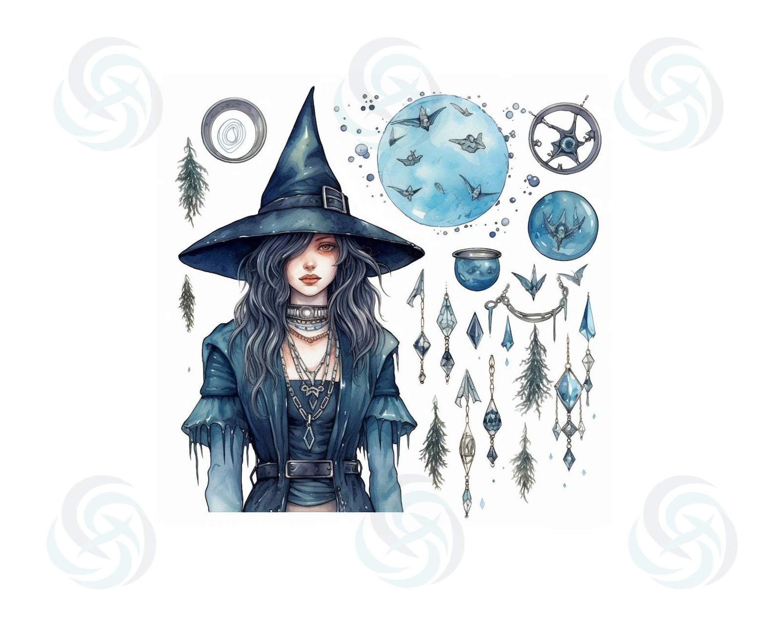 124 Blue Witch Clipart Blue Fantasy Clipart Watercolor Clipart Digital ...