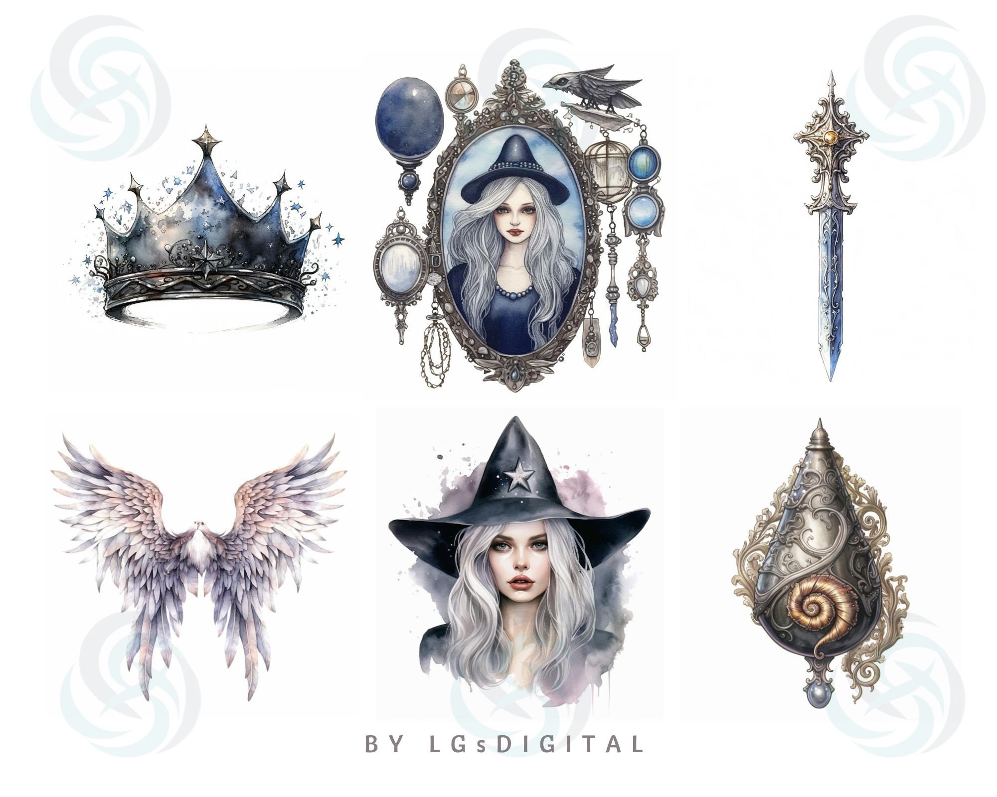 84 Silver Witch Clipart | Silver Fantasy Clipart | Watercolor Clipart ...