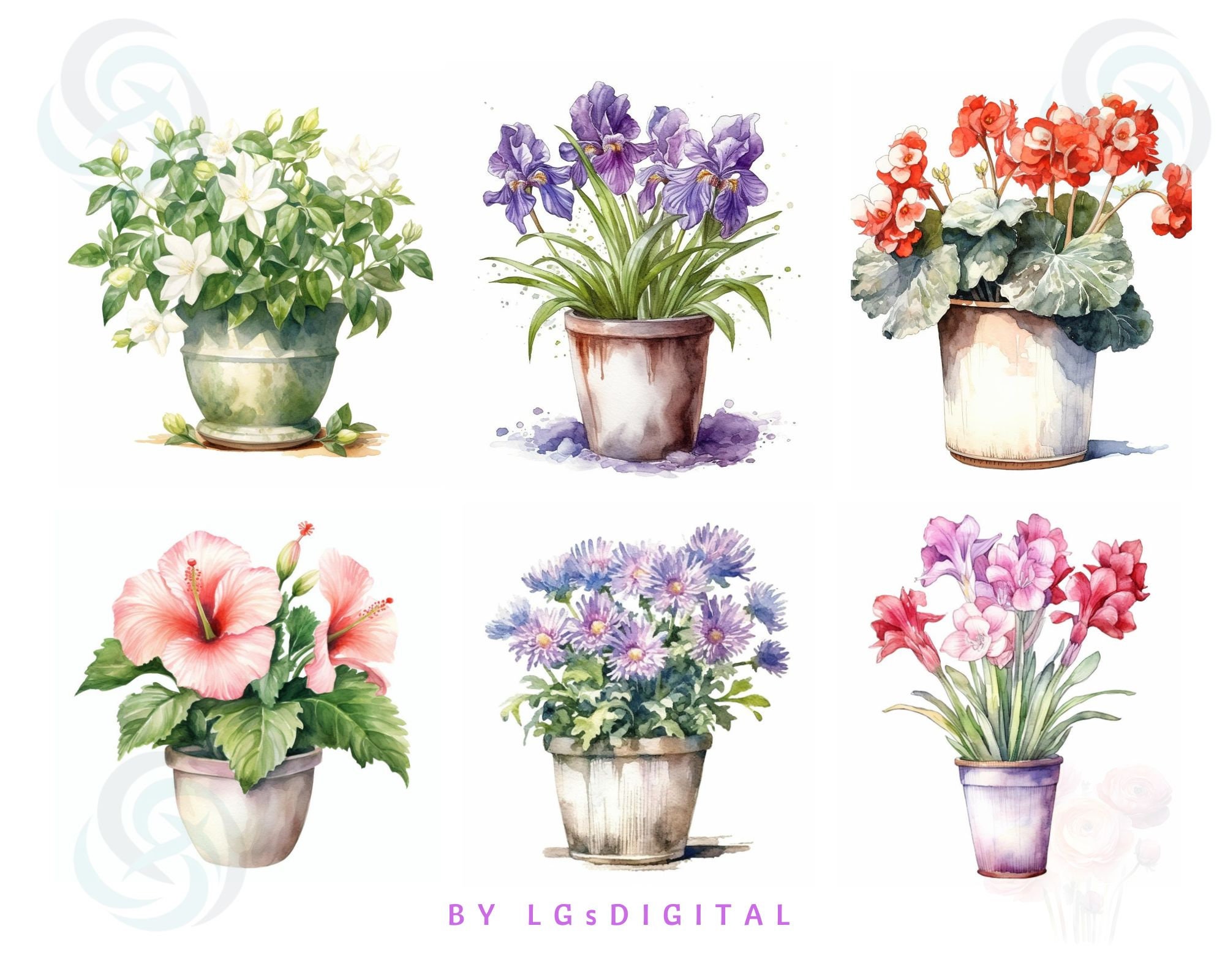 180 Colorful Flower Clipart | Colorful Pots Clipart | Watercolor ...