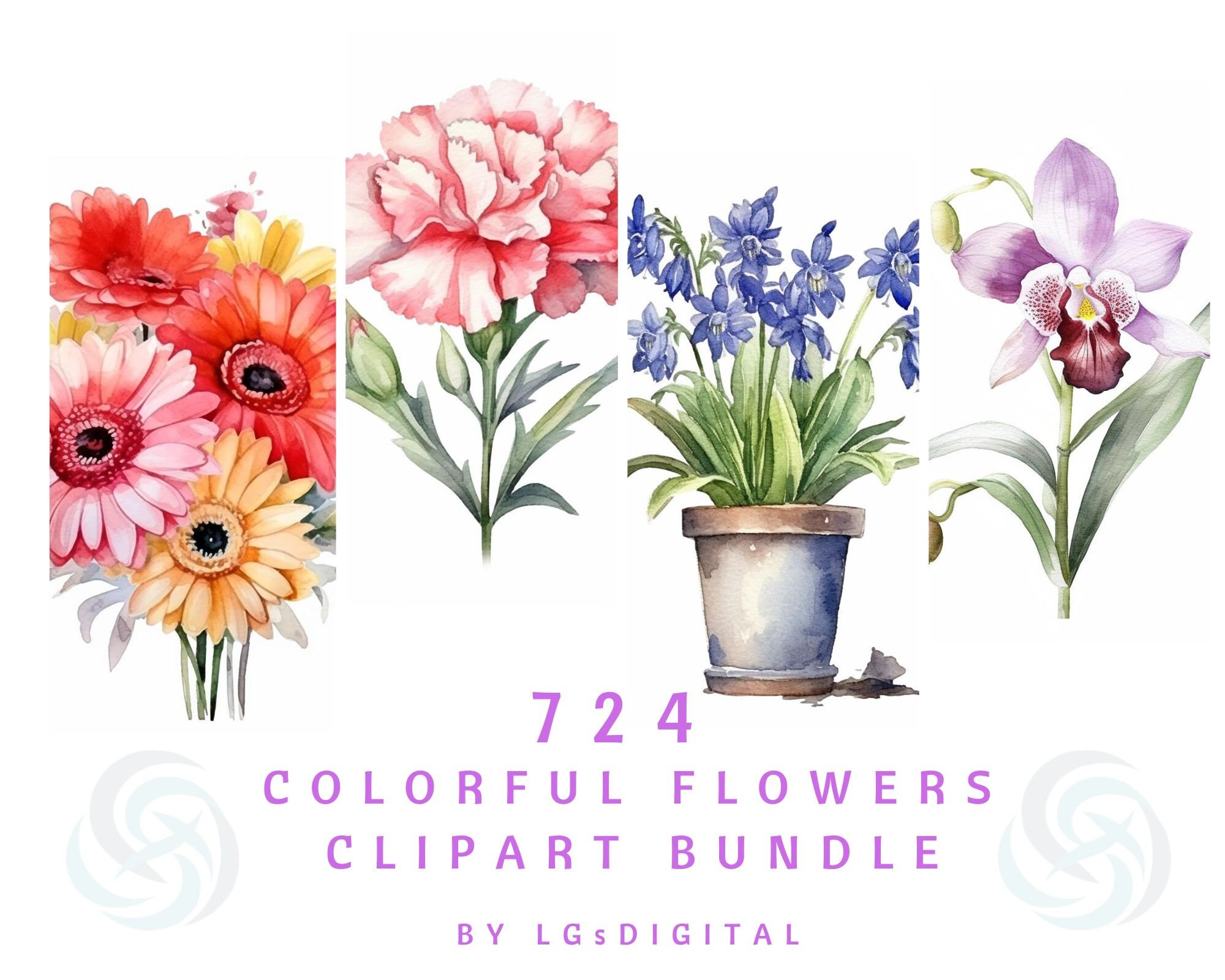 724 Flower Clipart Bundle | 45 Flower Types Clipart | Watercolor ...