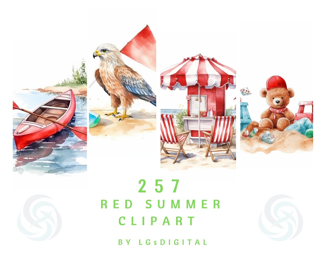 257 Red Summer Clipart | Red Beach Clipart | Watercolor Clipart ...