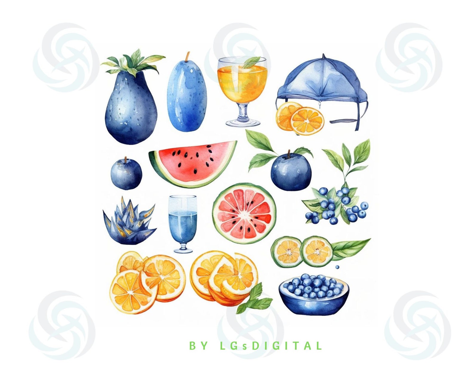 256 Blue Summer Clipart Blue Beach Clipart Watercolor Clipart Digital ...