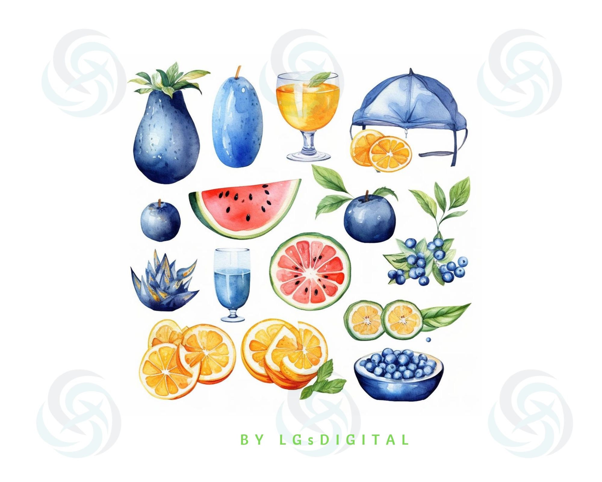 256 Blue Summer Clipart | Blue Beach Clipart | Watercolor Clipart ...