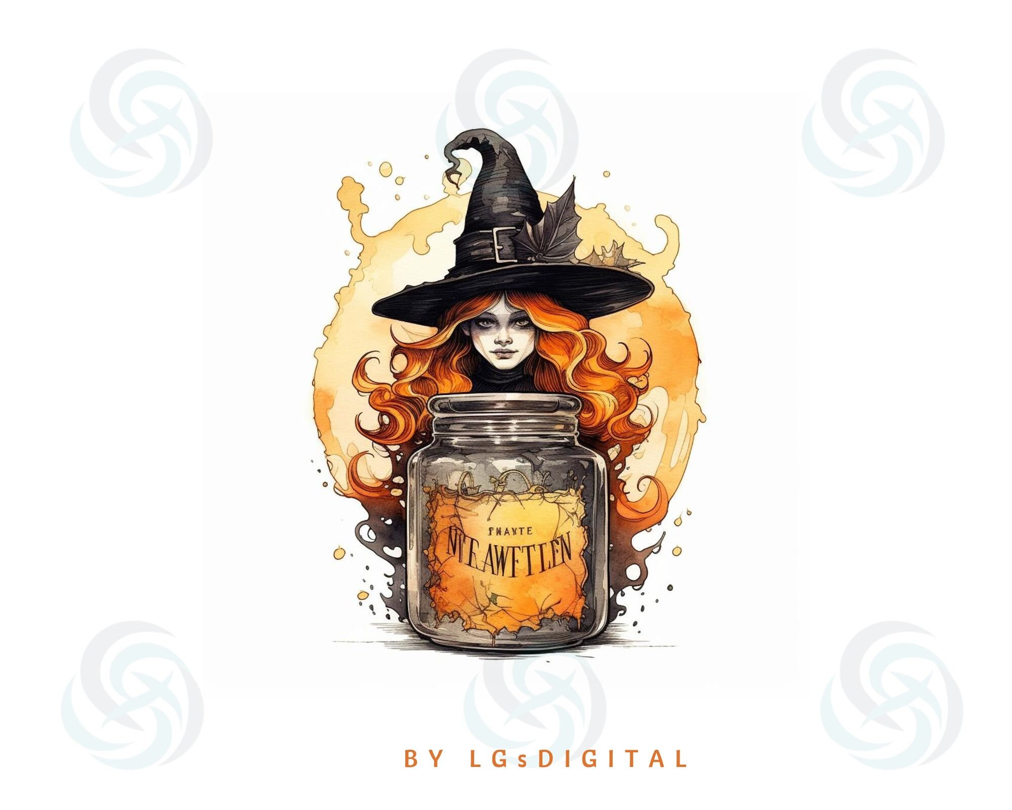 60 Orange Witch Clipart Orange Fantasy Clipart Watercolor Clipart ...