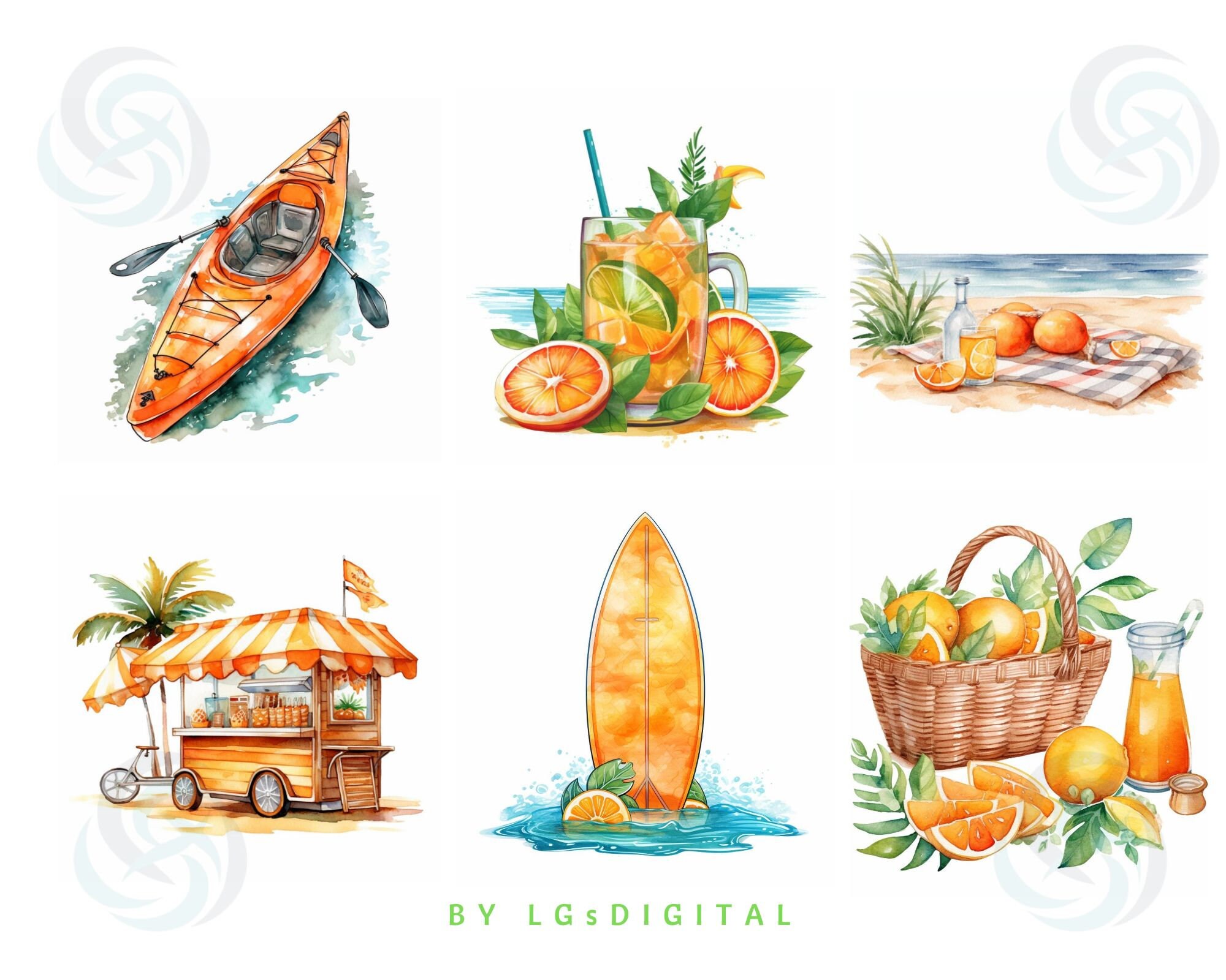 256 Orange Summer Clipart Orange Beach Clipart Watercolor Clipart ...