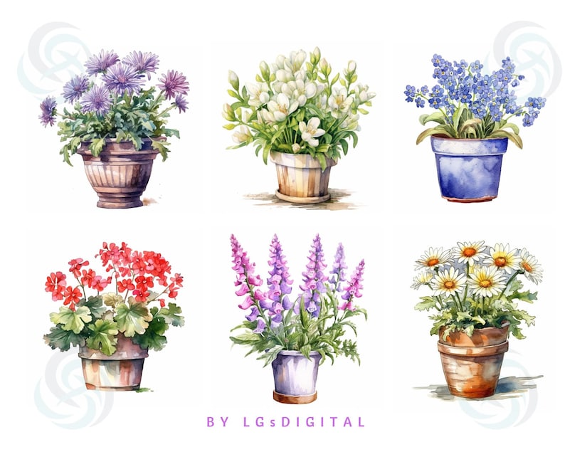 180 Colorful Flower Clipart | Colorful Pots Clipart | Watercolor ...