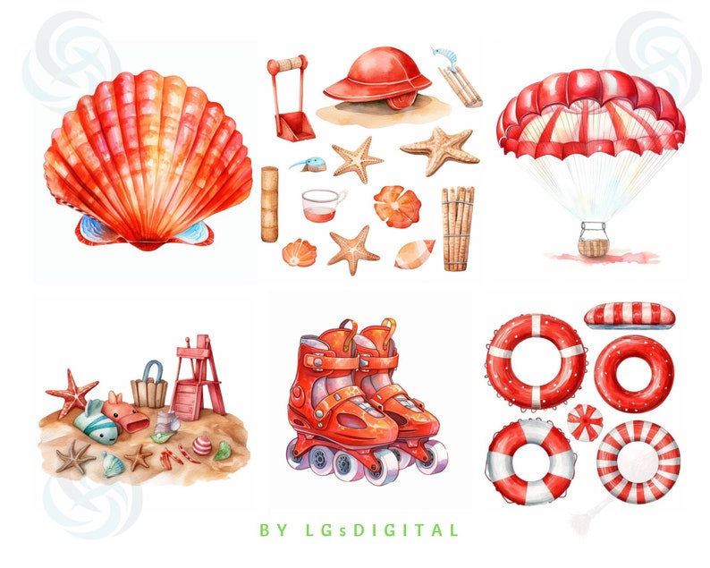 257 Red Summer Clipart Red Beach Clipart Watercolor Clipart Digital ...