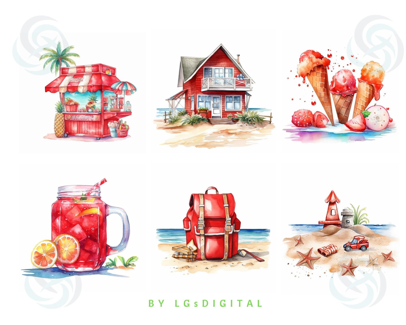 257 Red Summer Clipart Red Beach Clipart Watercolor Clipart Digital ...
