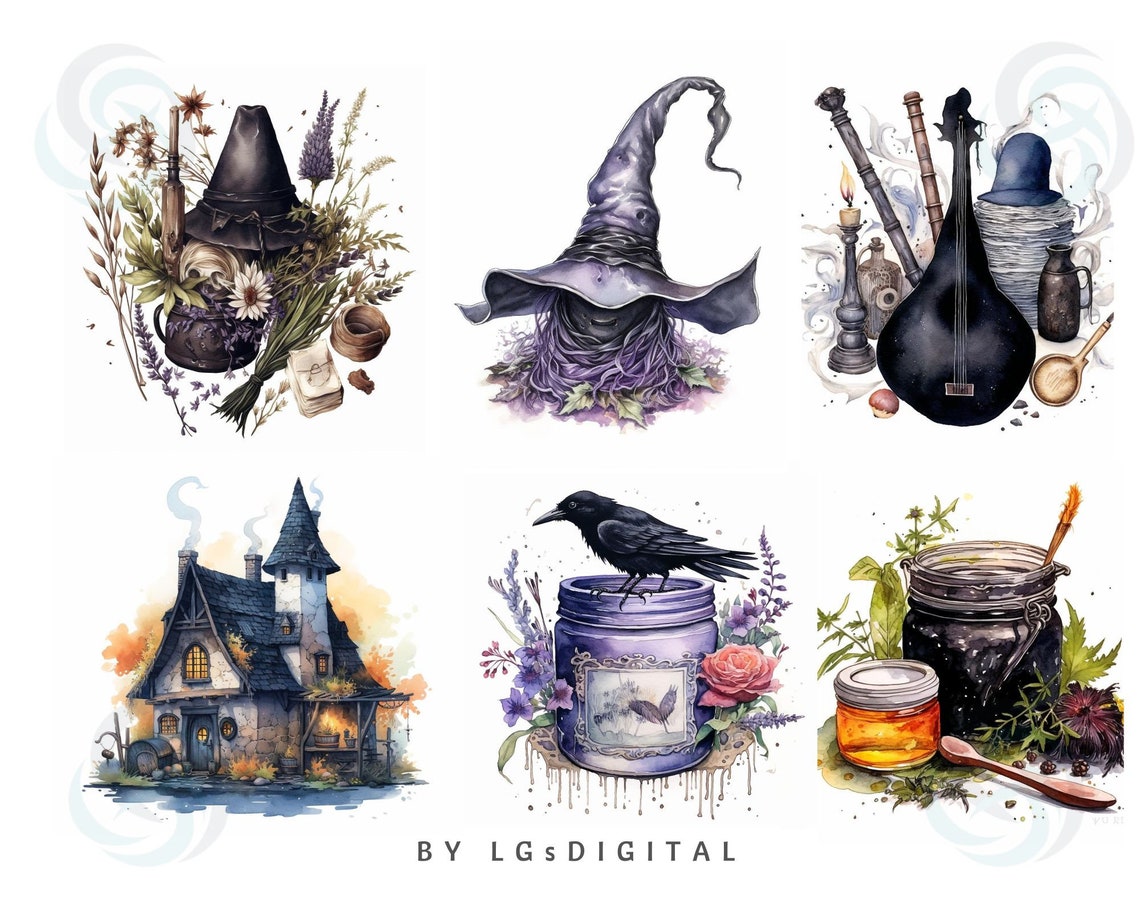 76 Black Witch Clipart | Black Fantasy Clipart | Watercolor Clipart ...
