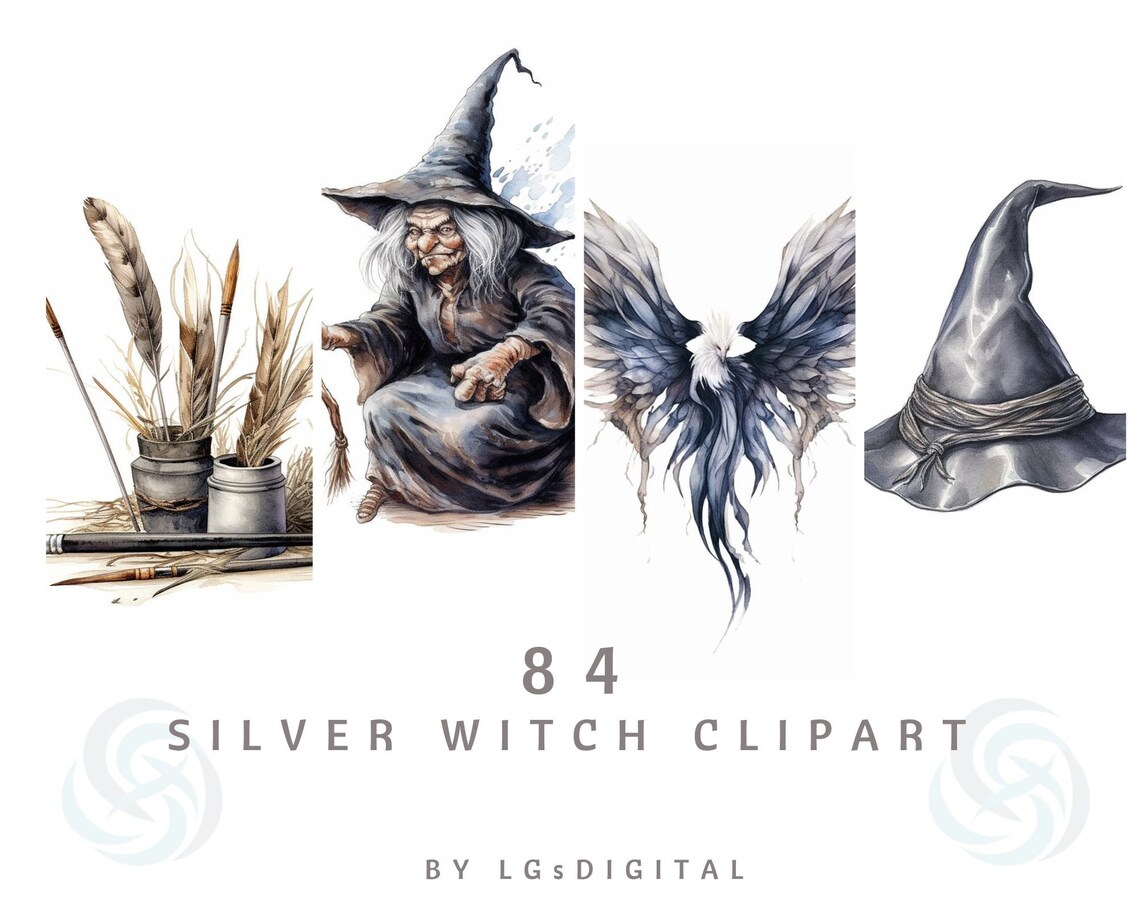 84 Silver Witch Clipart Silver Fantasy Clipart Watercolor Clipart Digital Download Commercial ...