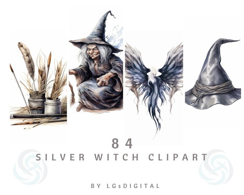 84 Silver Witch Clipart Silver Fantasy Clipart Watercolor - Etsy