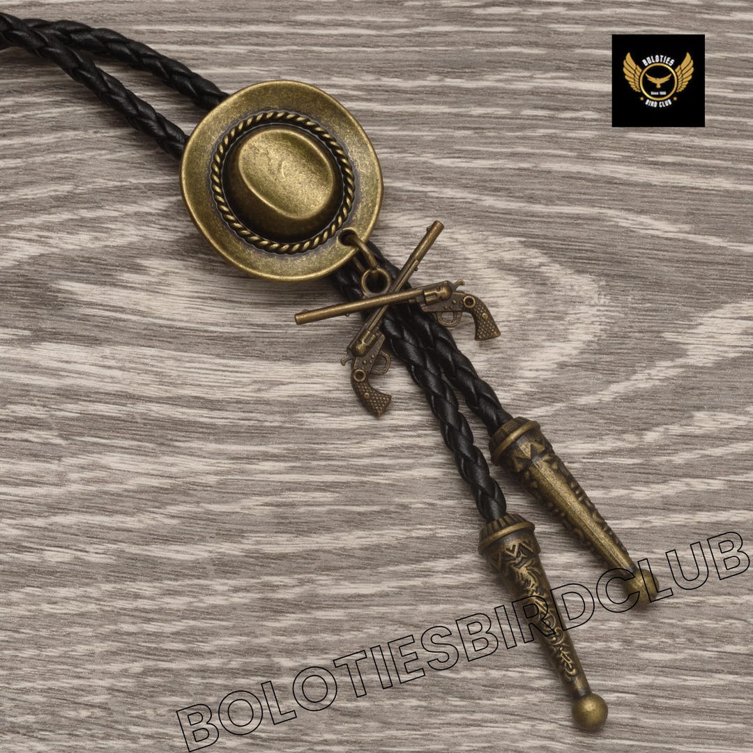 Western Cowboy Double Gun Hat Bolo Tie With Leather Rope, Mens Necklace ...